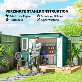 Outsunny Kovový kůlny pro skladování zahradního náčiní, s oknem, širokými dveřmi, 260 x 177 x 190 cm, zelený