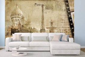 DIMEX | Samolepicí vliesová fototapeta na zeď Retro pařížská pohlednice MA-5-2132 | 375 x 250 cm | béžová, černá, hnědá