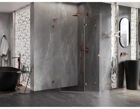 Mexen Lunar, L pravý výklopný pětiúhelníkový sprchový kout 100 x 100 cm, 8mm čiré sklo, profil růžové zlato, 831L-100P-100L-60-00-P