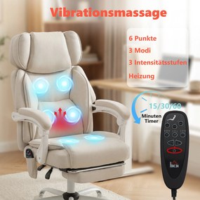 HOMCOM Kancelářská židle s vysokým opěradlem s vibrační masáží a vyhříváním, ergonomická, naklápěcí, s opěrkou nohou, krémově bílá