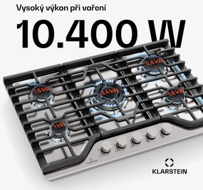 Klarstein Plynová varná deska Turbocast, 304 nerezová ocel, 5 hořáků, profesionální litinový držák, hořák wok