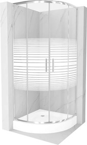 Mexen Rio, čtvrtkruhový sprchový kout s posuvnými dveřmi 70 x 70 cm, 5mm čiré sklo/pásy, chromový profil + bílá vysoká sprchová vanička, 863-070-070-01-20-4710