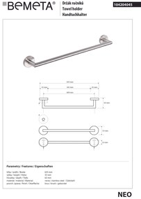 Bemeta Design NEO: Držák ručníků, 600 mm -