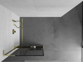 Mexen Kioto+ L, sprchová zástěna Walk-In s poličkou a věšákem 90 x 200 cm, 8mm čiré sklo černý vzor, ​​zlatý lesklý profil, 800-090-123-50-77
