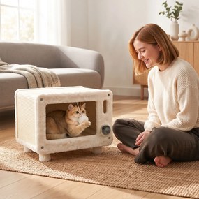 PawHut Kočičí dům ve stylu TV, kočičí jeskyně s houpací sítí a hracím míčkem, škrábací rohož z lnu, pro kočky do 7 kg, 50 x 33 x 42 cm