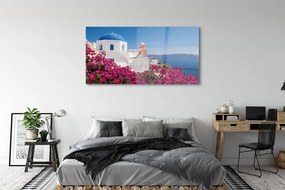akrylový obraz Řecko květiny mořské stavby 140x70 cm