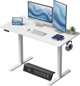 HOMCOM Elektrický stojací-sedadlový stůl 120 x 60 cm, 3 paměťové výšky, dětská pojistka a protinárazová funkce, pro práci, bílá