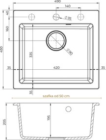 Sink Quality Ferrum 50, kuchyňský granitový dřez 490x450x195 mm + zlatý sifon, černá, SKQ-FER.C.1K50.XG