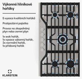 Klarstein Plynová varná deska Turbocast, 304 nerezová ocel, 5 hořáků, profesionální litinový držák, hořák wok