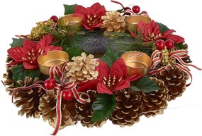 Adventní šiškový věnec POINSETTIA s mašlí 30 cm