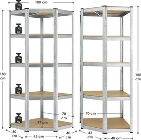Juskys Rohový kovový regál Corner Basic 180 × 70 × 40 cm Barva: šedá