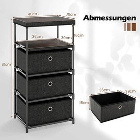 Costway Komoda s 3 zásuvkami Látková komoda s dřevěnou deskou – 40 × 30 × 81 cm