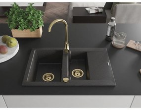 Mexen Gaspar, granitový dřez 737x475x177 mm, 1,5-komorový, černá skvrnitá se zlatým sifonem, 6507731505-76-G