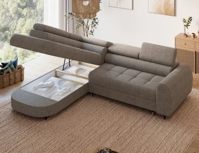 Rohová sedačka Vesteria s funkcí spaní a úložným prostorem, hnědé bouclé, levostranná
