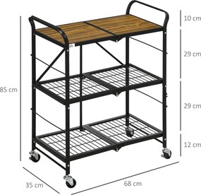 HOMCOM Kuchyňský vozík skládací, servírovací vozík se 3 úrovněmi a madlem, na 4 kolečkách, ocel, hnědá+černá| Aosom