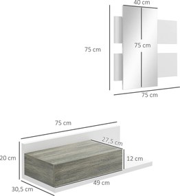 HOMCOM Sada nábytku do vstupní haly s zrcadlem a zásuvkou, moderní styl 75x3,5x75 cm a 75x30,5x20 cm, bílá a šedá