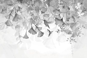 Samolepící tapeta listy s kolibříky v černobílém