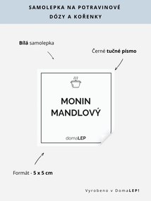 Samolepka na láhev MONIN MANDLOVÝ 5 x 5 cm – bílá vinylová, voděodolná, omyvatelná samolepka na dózy, tučné písmo