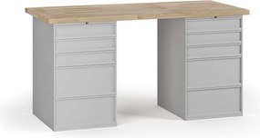 Dílenský pracovní stůl G7, buková spárovka, 1700 x 800 x 840 mm, 2x kontejner, 10 zásuvek, šedá