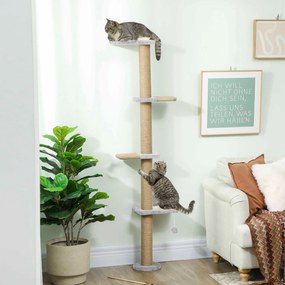PawHut Kočičí škrabadlo, 5úrovňový design, hračky, sisalové sloupky, plyšová látka, světle šedé