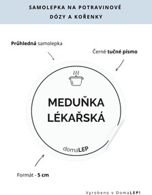 MEDUŇKA LÉKAŘSKÁ – průhledná samolepka na dózu, tučné písmo, 5 cm | DomaLEP