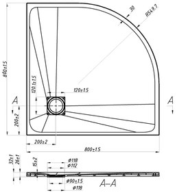 BPS-koupelny Čtvrtkruhová akrylátová sprchová vanička HYD-RSV-ALBA 80x80 černá