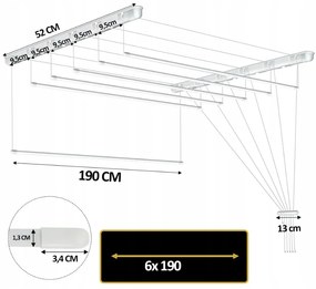 Erga Erga, stropní věšák na sušení prádla 6x190 cm, bílé, ERG-SEP-10SUSSUF6PP19