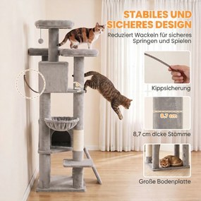 PawHut Velké škrabadlo 184 cm vysoké, kočičí strom se 3 škrábacími sloupky, ležení, hrací míček, houpací síť, žebřík, pro kočky do 6 kg D35-014V00LG