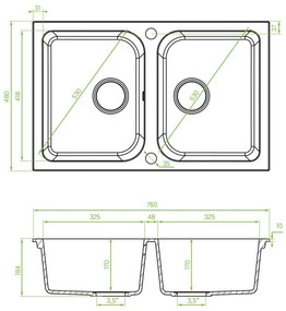 Laveo Celia, 2-komorový granitový dřez 760x480x184 mm, šedá, LAV-SBC_520T