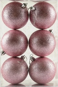 Sada vánočních ozdob růžová glitter 8 cm plastové koule, balení 6 ks