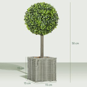 HOMCOM sada se 2 dekorativními umělými rostlinami, 50 cm kulaté buxusy s pleteným plastovým květináčem a dekoračními kameny, zelená