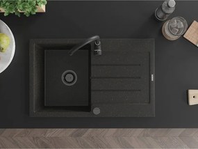 Mexen Bruno, granitový dřez 795x495x200 mm, 1-komorový, černá se zlatou metalízou a černým sifonem, 6513791010-75-B