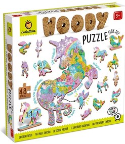 Dřevěné puzzle ludattica woody jednorožci, dřevěné puzzle, 48 dílků