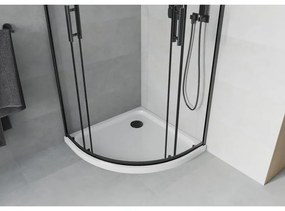 Mexen Rio, čtvrtkruhový sprchový kout s posuvnými dveřmi 90 x 90 cm, 5mm čiré sklo, černý profil + bílá sprchová vanička, 863-090-090-70-00-4110B