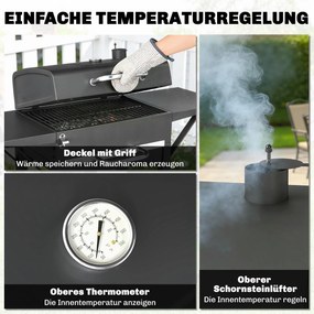 Outsunny gril na dřevěné uhlí s poklopem — BBQ vozík s 2 bočními stolky, velká grilovací plocha, teploměr a kolečka, 110 x 46,5 x 101 cm (černý)