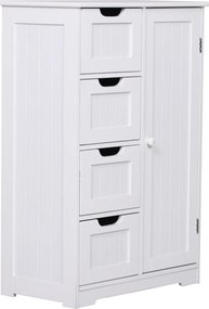 Kleankin Koupelnová Pomocná Skříň s Dveřmi, 4 Šuplíky a Nastavitelnou Policí pro Kuchyni a Obývací Pokoj 56x30x83 cm Bílá
