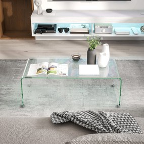 HOMCOM Moderní Monoblokový Kávový Stolek s Protiskluzovými Nohami, Temperované Sklo, 100x50x35 cm, Průhledný