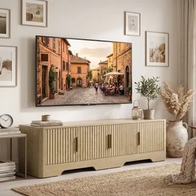 HOMCOM TV-lowboard 152 cm, TV nábytek pro televize do 152,4 cm, 4 drážkované dveře a nastavitelná vložná police, dub