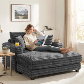 HOMCOM rozkládací pohovka pro 2 osoby s chaise, šedý kordurový potah, polštářky, područky s držáky na nápoje – 134 × 151 × 89 cm