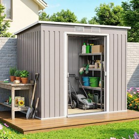 Zahradní domek Outsunny 3,2 m² 213x130x172 cm se sběrnými dveřmi a šikmou střechou, zesílený základ (podlaha není součástí) a 2 okna, Světlá šedá