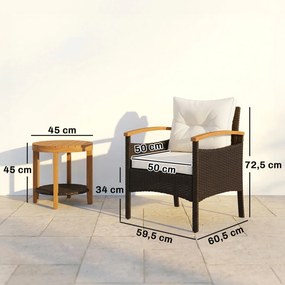 Outsunny 3dílná ratanová bistro sada – 2 křesla, dvoupatrový stolek z akácie, pratelná polstrování, krémově bílá