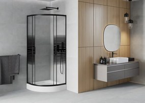 Mexen Rio, čtvrtkruhový sprchový kout s posuvnými dveřmi 80 (dveře) x 80 (dveře) x 190 cm, 5mm čiré sklo s pásky, černý profil + bílá sprchová vanička RIO, 863-080-080-70-20-4710