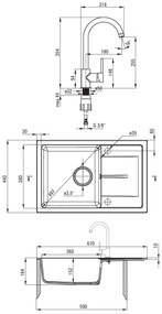 Deante Leda, granitový 1-komorový dřez na desku 670x440x164 mm + dřezová baterie BEN 762M písková + sifon, písková, ZRDA7113