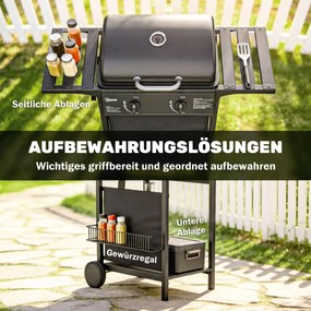 Outsunny Plynový gril 5 KW 2 hořáky BBQ grilovací vozík z nerezové oceli včetně bočního stolku spodní koš přední kryt teploměr smaltovaný grilovací r…
