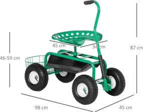 Zahradní vozík Outsunny, dílenský vozík, zahradní sedačka s otočným sedadlem, úložný koš, výškově nastavitelný, nosnost 150 kg, zelený, 81 x 44,5 x 4…
