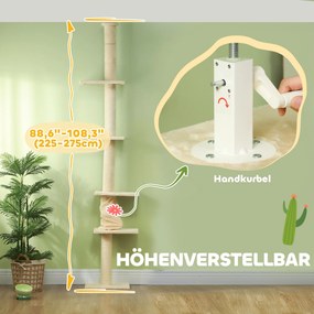 PawHut škrabadlo stropní, strom pro kočky, 225-275 cm škrabadlo pro kočky s plošinami, nábytek pro kočky s ochranou proti překlopení, krémově bílé | …