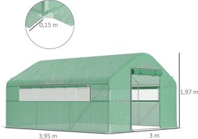 Outsunny Zelený Túnelový Skleník 4x3x2 m s 2 Mřížkovými Okny, Anti-UV PE Kryt a 1 Otevírací Dveře se Zipem Zelený Zahradní Skleník