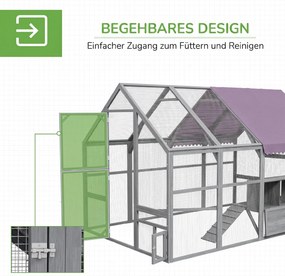 PawHut kurník, výběh pro slepice, 280 x 185,5 x 188 cm, klec pro slepice, výběh pro slepice s dvířky, hnízdní box, střecha, rampa, dřevo| Aosom