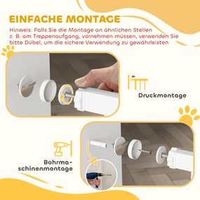 PawHut rozšiřitelná bezpečnostní brána pro psy, 75–85 cm — do dveří a na schodiště, malá dvířka, tlakové uchycení, dvojité zamykání, bílá