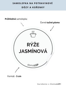 RÝŽE JASMÍNOVÁ – průhledná samolepka na dózu, tučnépísmo, 5 cm | DomaLEP